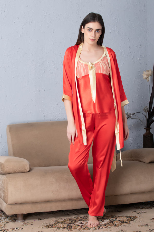 Red satin Night suit with Robe - Private Lives